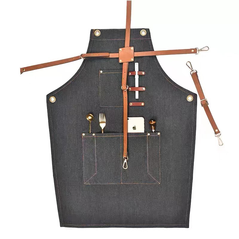 Barista Denim Bib Apron w/ Leather Straps Barber Florist Cafe Bar Chef ...